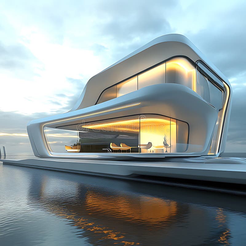 Futuristic Floating Home on Calm Water at Sunset a Modern Architectural ...