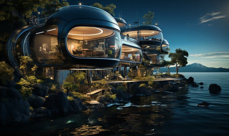Futuristic Floating House in Ocean Stock Photo - Image of ocean ...
