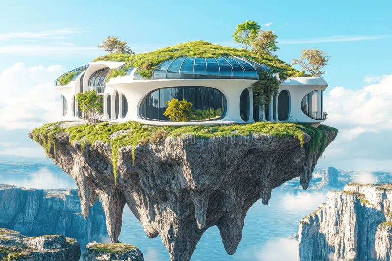 Futuristic Floating House Surrounded by Cliffs and Sea Under a Sunny ...