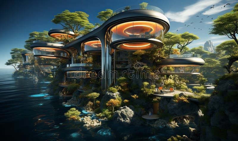 Futuristic Floating Island in Ocean Stock Photo - Image of engineering ...