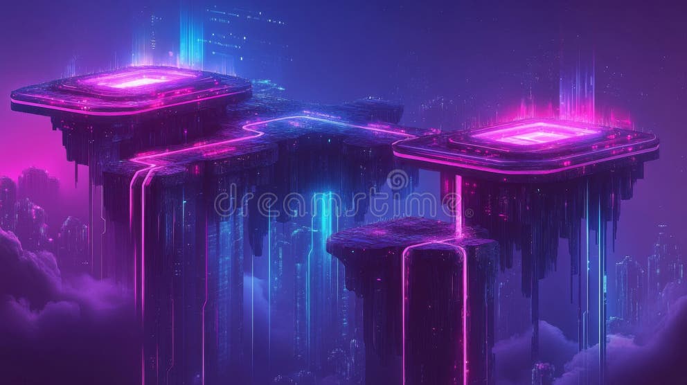 Futuristic Floating Islands with Neon Lights Stock Illustration ...