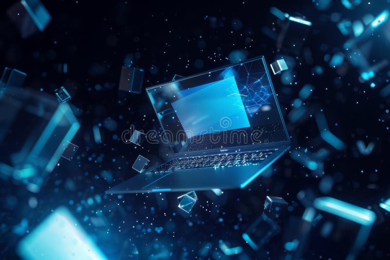 Futuristic Floating Laptop Surrounded by Blue Tech Elements and Digital ...