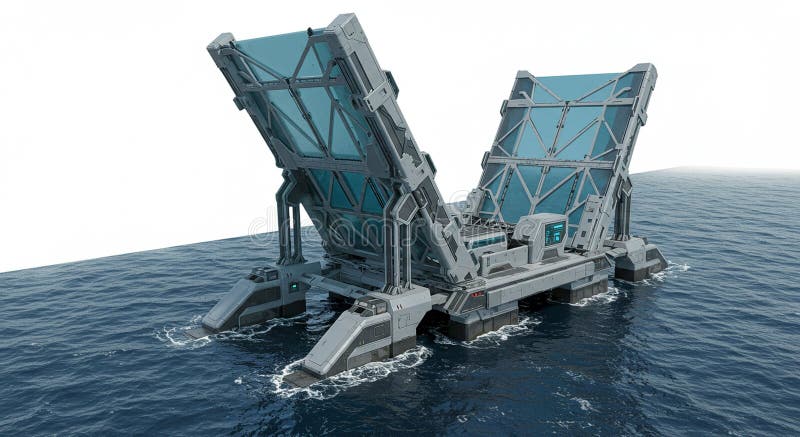 Futuristic Floating Platform with Two Large, Angled Solar Panels in a V ...