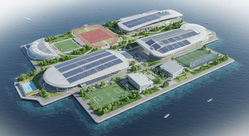 Futuristic Floating Sports Complex Surrounded by Water, Featuring ...