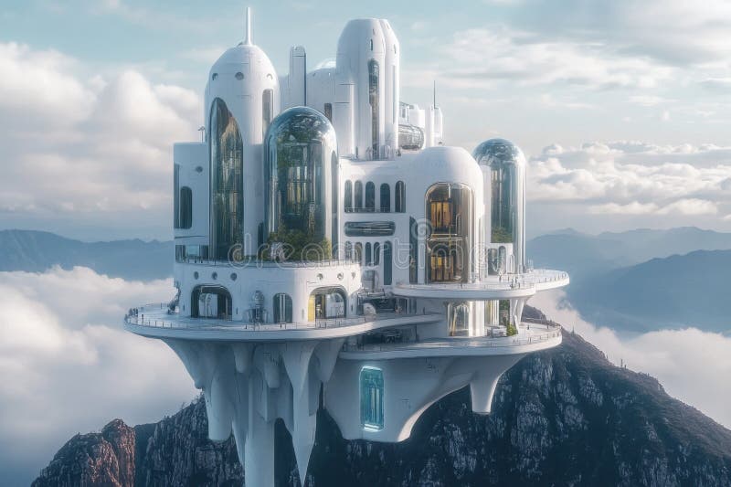 Futuristic Floating Structure Above Mountains with Clouds in a Serene ...