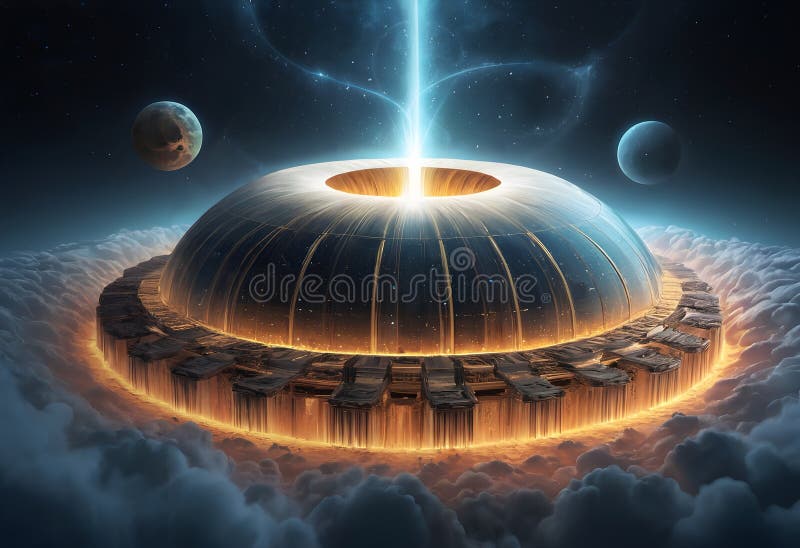 Futuristic Floating Structure with Beam of Light Above Cloud Sea Stock ...