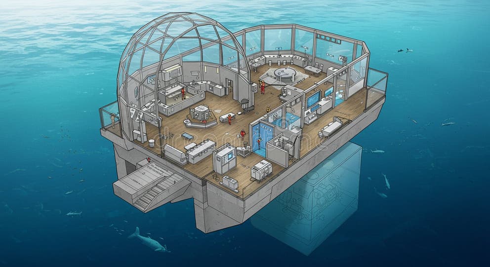 Futuristic Floating Structure Featuring a Dome-like Glass Ceiling and Multiple Interior Stock ...