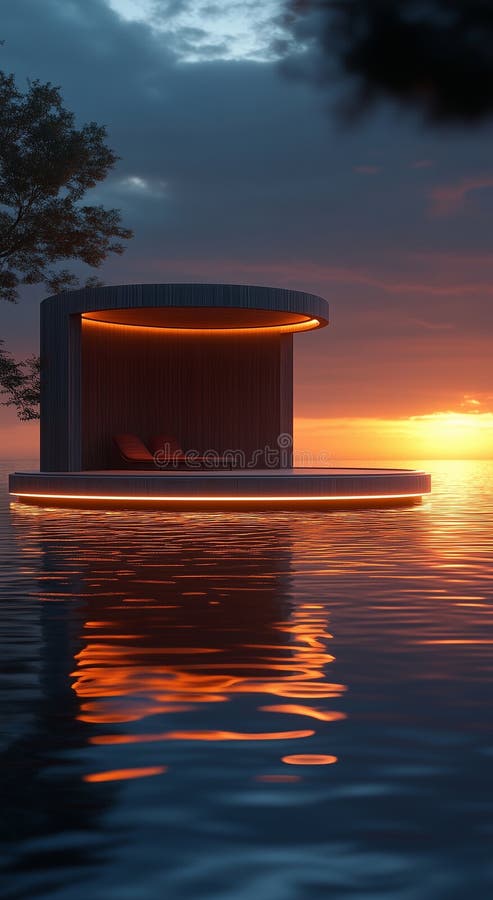 Futuristic Floating Architecture with Illuminated Elements Over Water ...