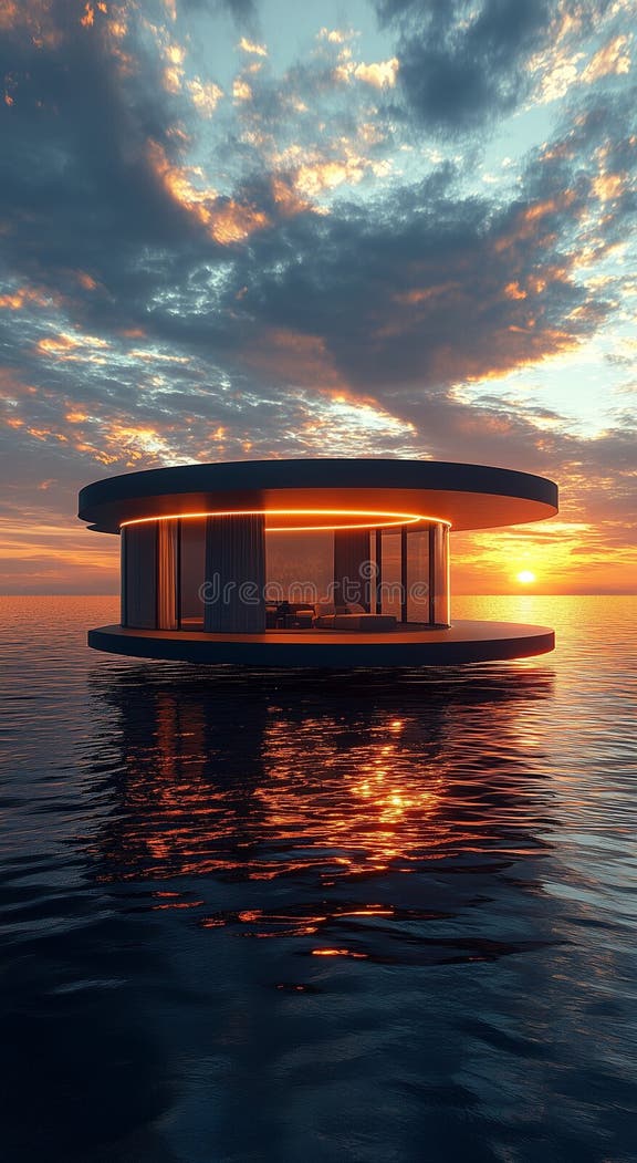 Futuristic Floating Architecture with Illuminated Elements Over Water ...