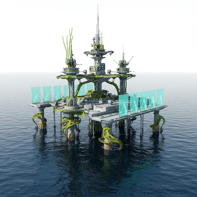 Futuristic Floating Structure Featuring Intertwining Green Organic ...