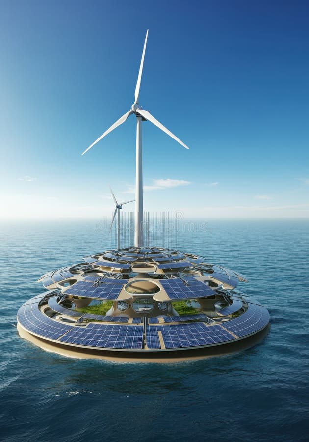 A Futuristic Floating Structure on the Ocean with Solar Panel Stock ...