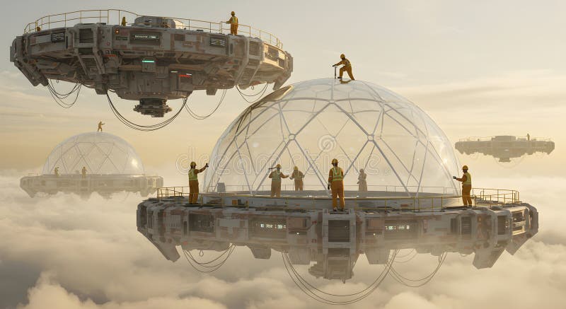 Futuristic Floating Structure with Workers in Cloudy Sky, Sci-fi Scene ...