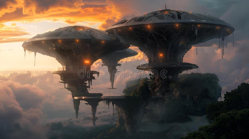 Futuristic Floating Structures Above a Lush Landscape with a Dramatic ...