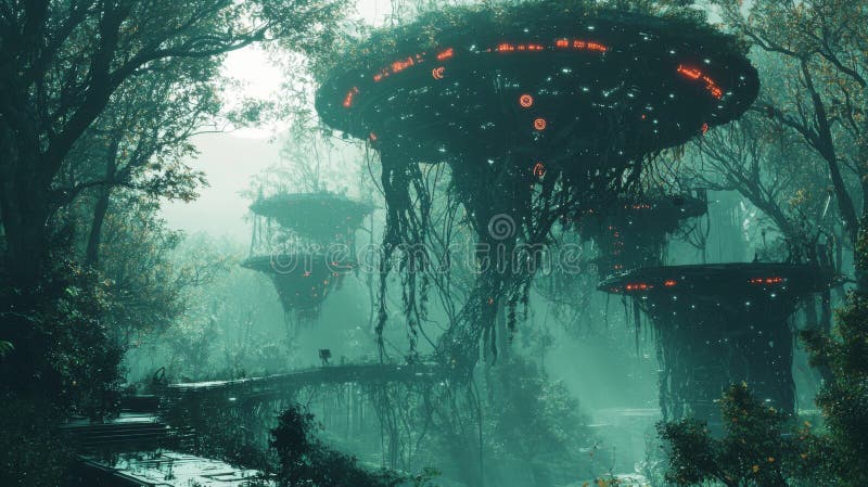 Futuristic Floating Structures Surrounded by Mystical Forest Landscape ...