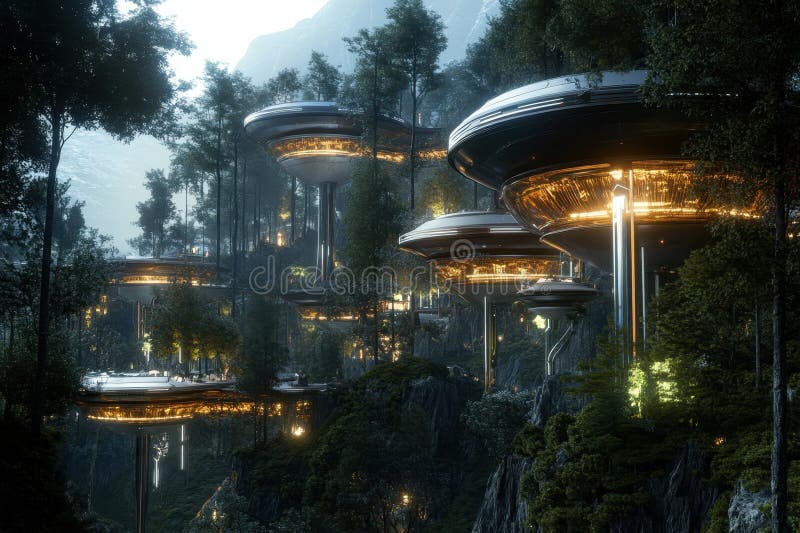Futuristic Floating Structures among Towering Trees in a Serene ...