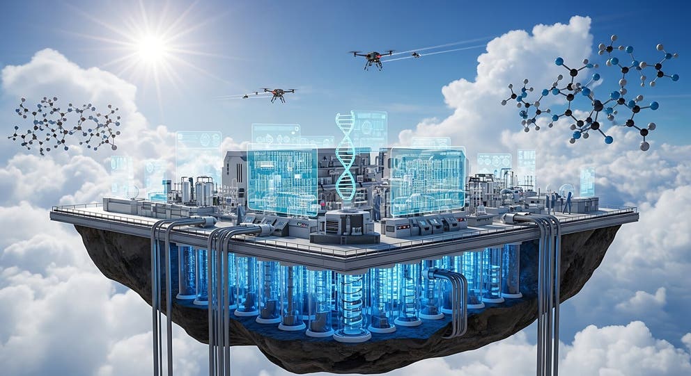 Futuristic Floating Tech Facility with Drones and Data Displays Stock ...