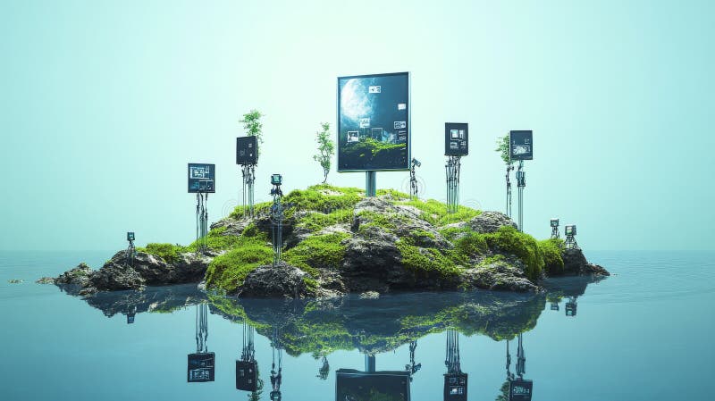 Futuristic Floating Technology Platforms on a Small Island with Blue ...