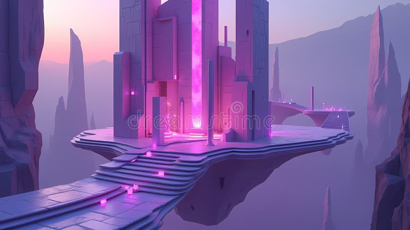 Futuristic Floating Temple with Structures in Violet Pink Light Stock ...