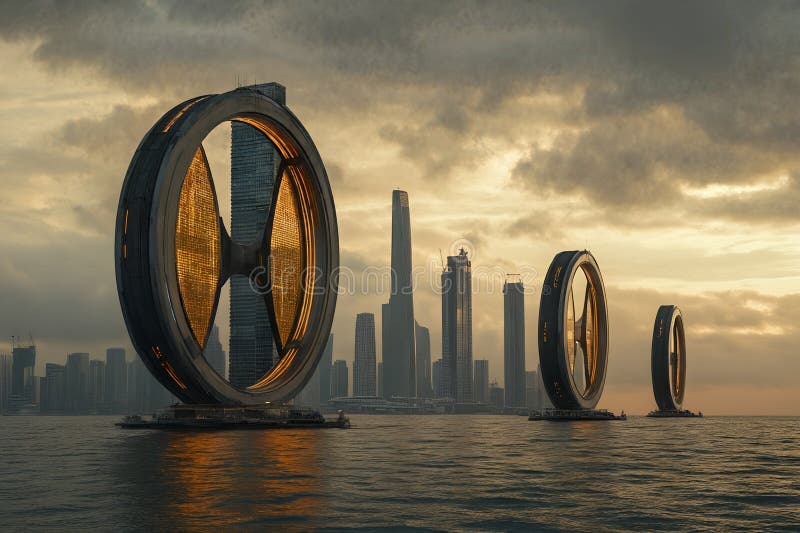 Futuristic Floating Turbine Structures at Sunset with Modern City ...