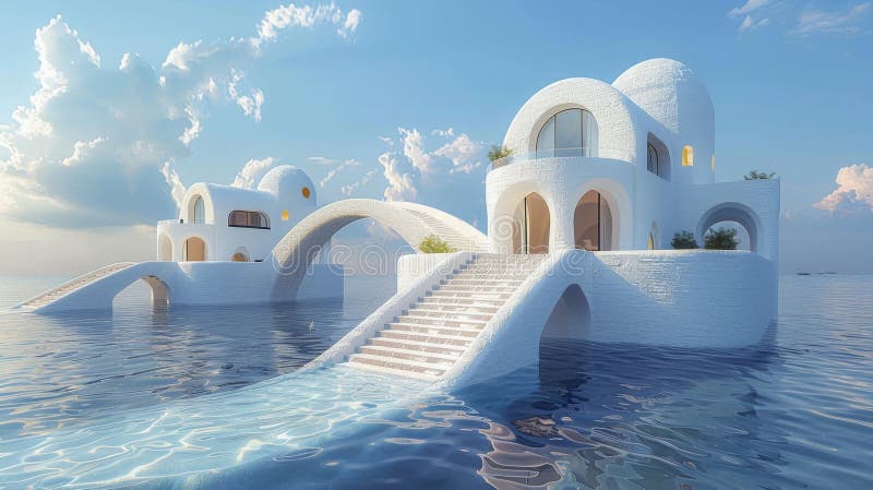 Futuristic Floating White Building with Curved Architecture and Stairs ...