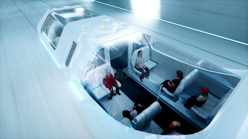 Futuristic Flying Bus with Peoples Fast Driving in Sci Fi Tunnel ...