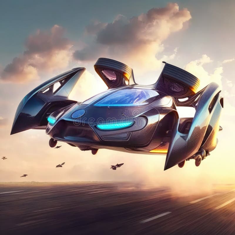 Futuristic flying car stock illustration. Illustration of sunset ...