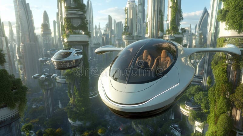 A Futuristic Flying Car is in the Air Over a City, AI Stock Image ...