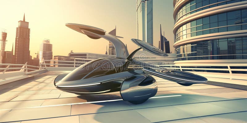 Futuristic Flying Car Concept Landing in a Modern City Stock ...
