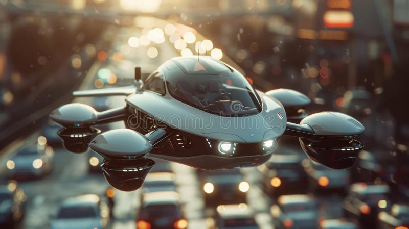 A Futuristic Flying Car Hovers Above a Busy Highway Stock Illustration ...