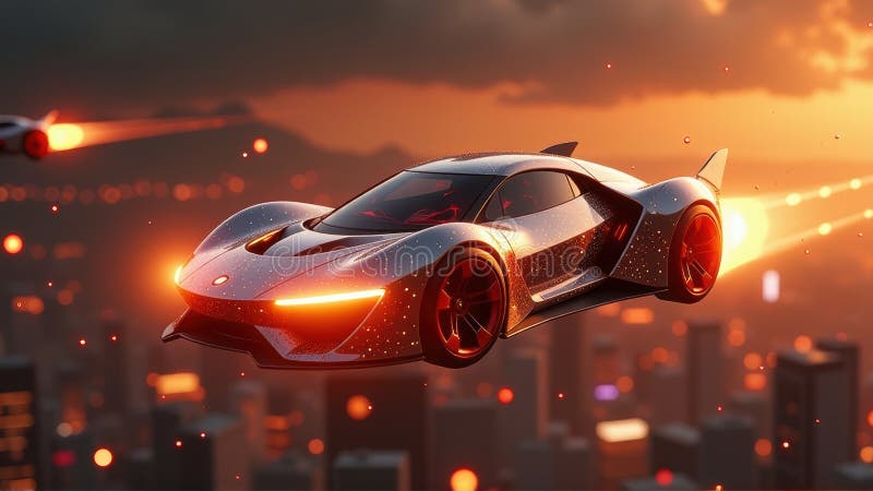 Futuristic Flying Car Over City at Sunset Stock Illustration ...