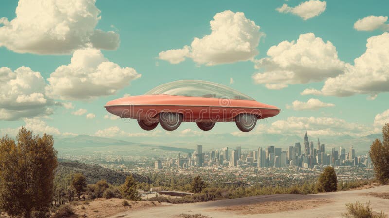 Futuristic Flying Car Over Scenic Cityscape with Surreal Clouds Stock ...