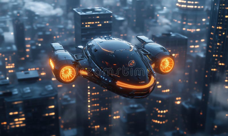Futuristic Flying Car Soaring Above a Neon-lit Cityscape at Night Stock ...