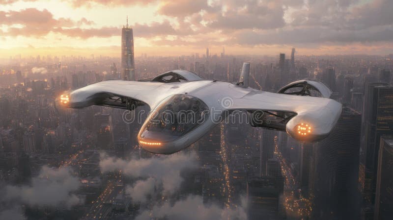 Futuristic Flying Car Soaring Over City Skyline at Dawn Stock ...