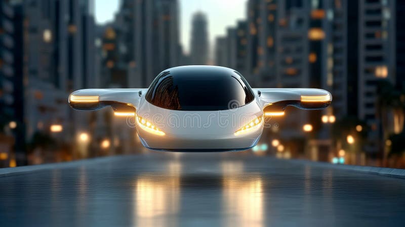 Futuristic Flying Car in Urban Skyline at Dusk Stock Illustration ...