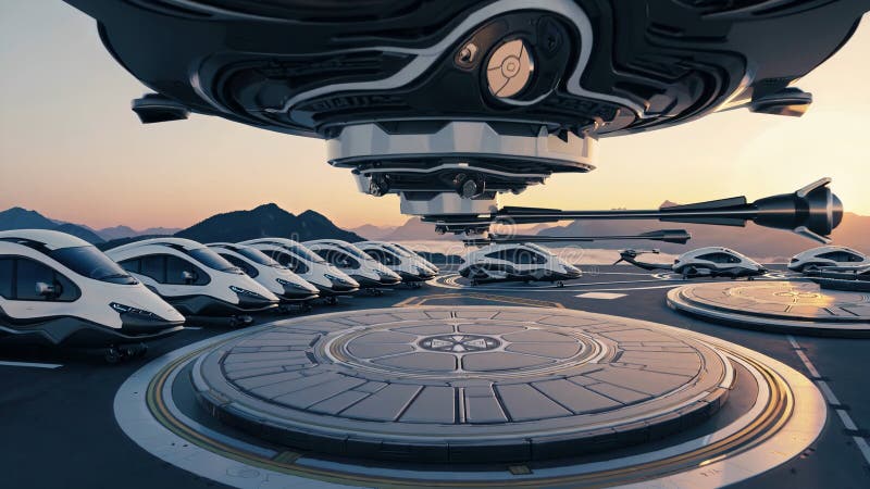 Futuristic Flying Cars are Parked and Charging on a Circular Platform ...