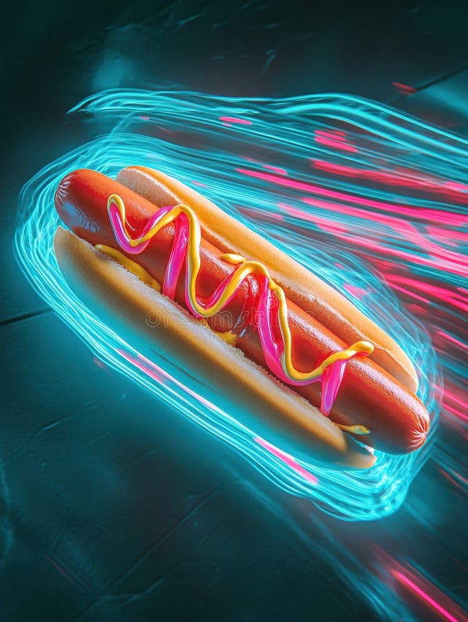 Futuristic Flying Hot Dog with Glowing Trails in Dynamic Cyberpunk ...