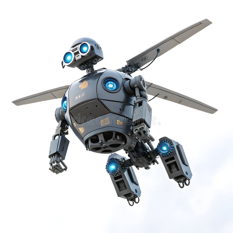 Flying Robot Isolated on White Background Stock Illustration ...