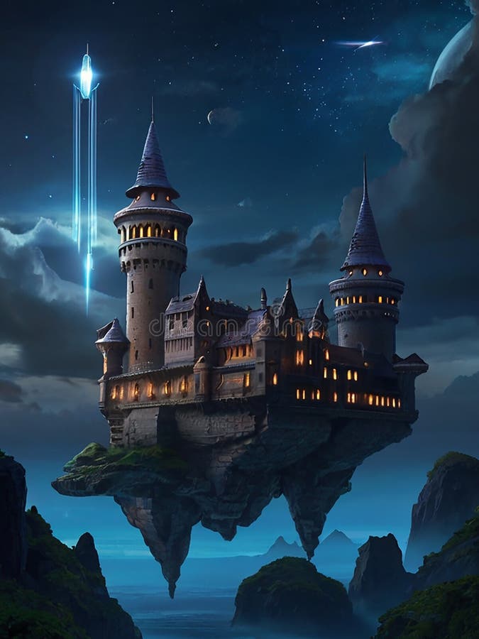 Futuristic Flying Ships in Hovering in the Night Sky Above a Medieval ...