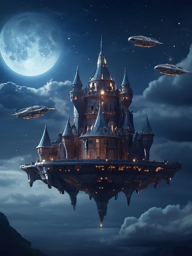 Futuristic Flying Ships in Hovering in the Night Sky Above a Medieval ...
