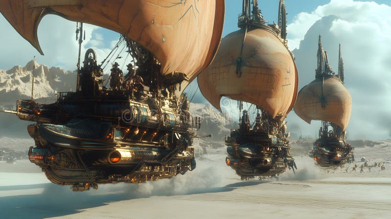Futuristic Flying Ships Soaring through a Desert Landscape Stock ...