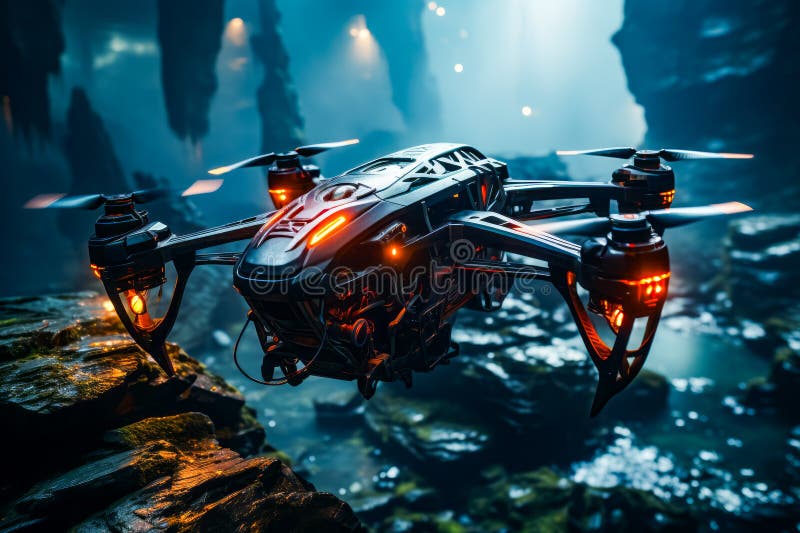 Futuristic Flying Vehicle with Lights on Its Wings in Dark Forest ...