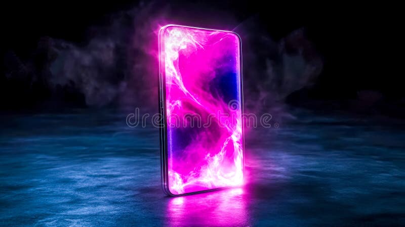 Futuristic Foldable Smartphone Glowing with Pink and Blue Neon Light in ...