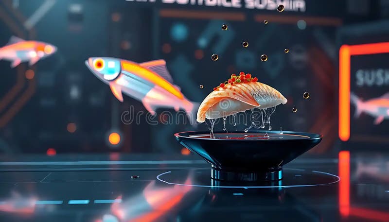 Futuristic Food Presentation with Floating Sushi and Digital Fish Stock ...