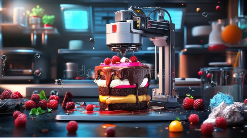 Futuristic Food Printer Creating a Vibrant Dessert Surrounded by Fresh ...