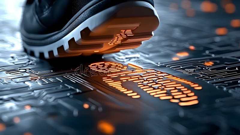 Futuristic Footstep on Electronic Circuit Pattern with Glowing Elements ...