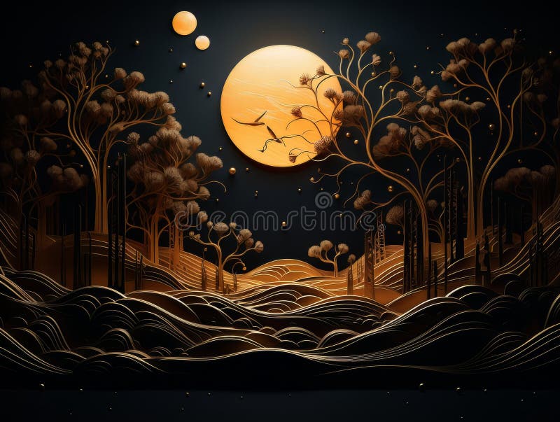 Futuristic Forest in Black and Gold Colors, Abstract Geometric Natural ...