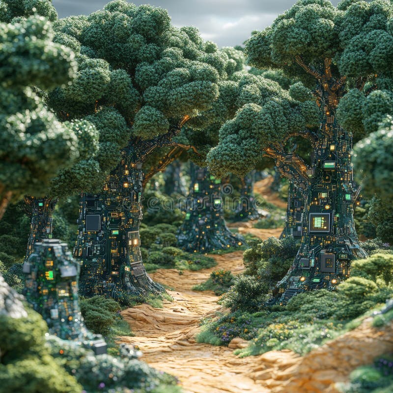 Futuristic Forest with Cybernetic Trees and Path Stock Image - Image of ...