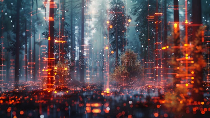 Futuristic Forest Glowing with Digital Lines and Particles Stock Image ...