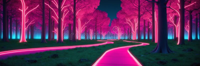 Futuristic Forest with Glowing Trees and Neon Pathways Stock ...