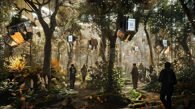 A Futuristic Forest with Large, High-tech Trees Displaying Digital Code ...